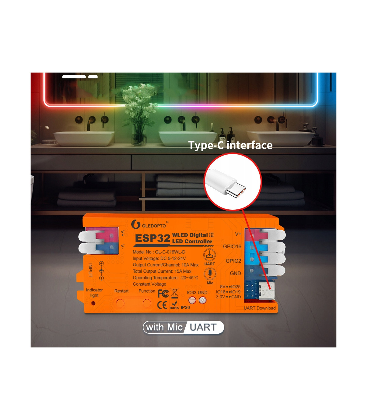 Sterownik WLED Magic Pixel RGBIC WiFi ESP32 Home Assistant MQTT UART USB-C