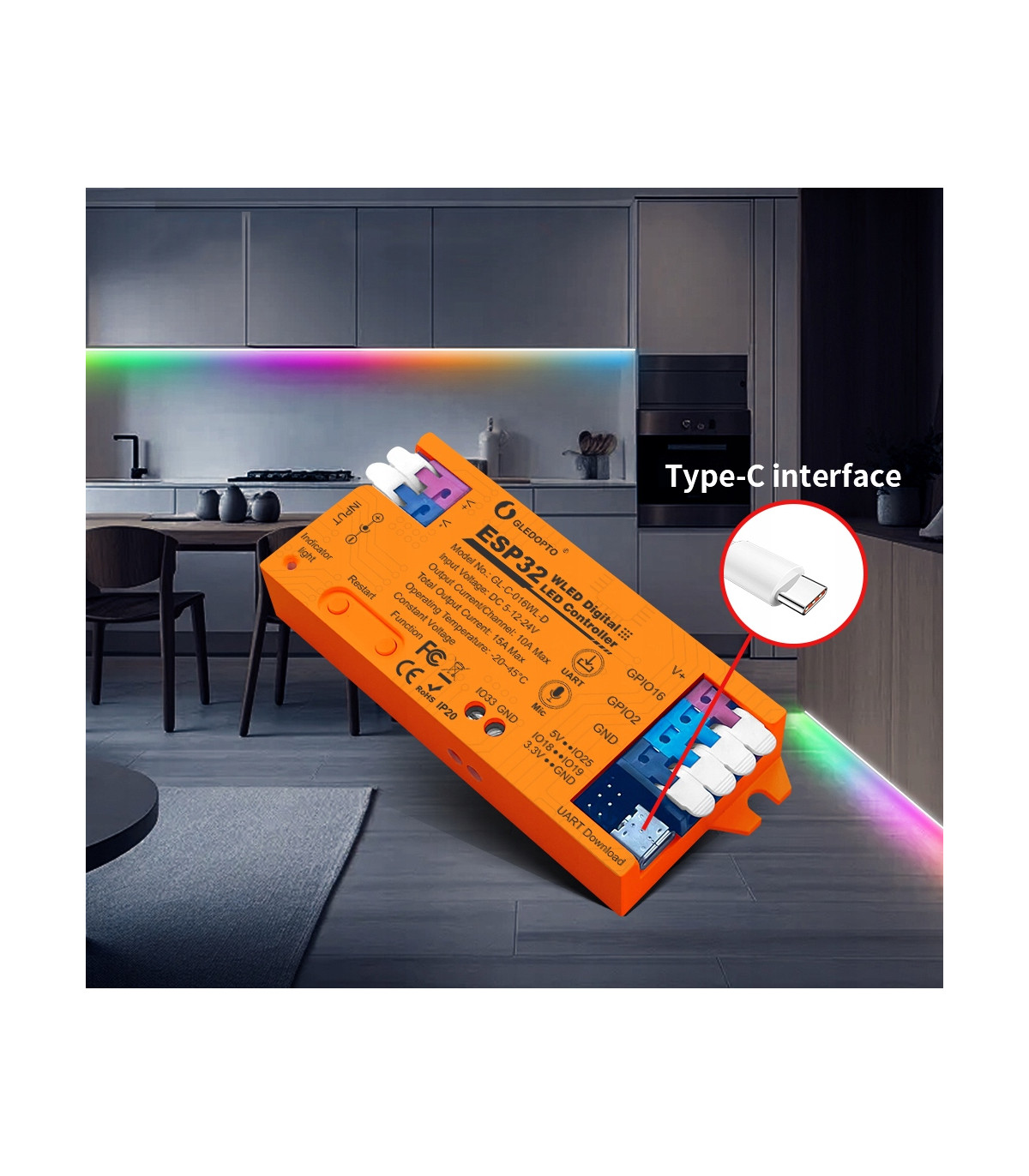 Sterownik WLED Magic Pixel RGBIC WiFi ESP32 Home Assistant MQTT UART USB-C